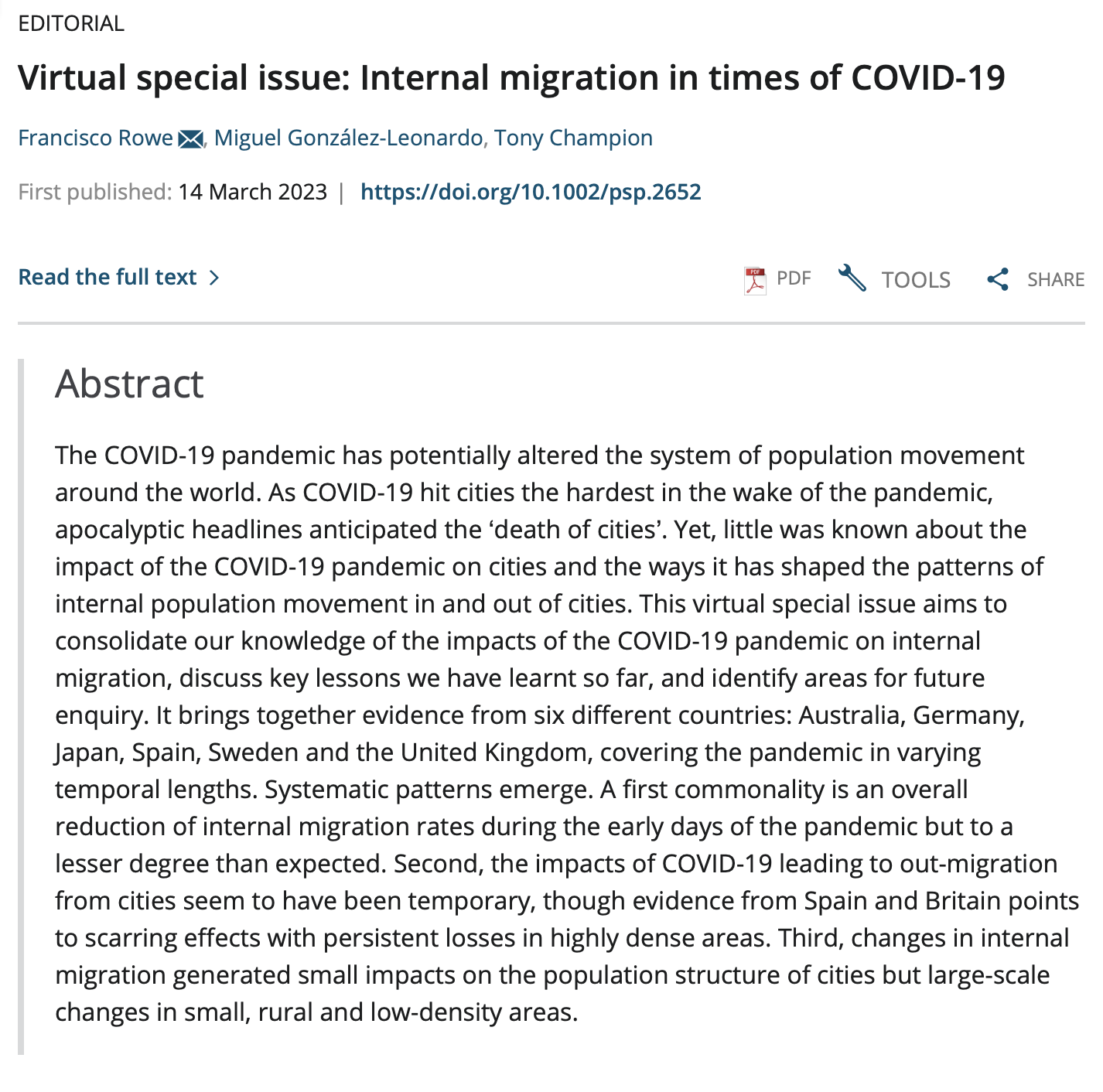 Virtual special issue - Internal migration in times of COVID-19 | Academic